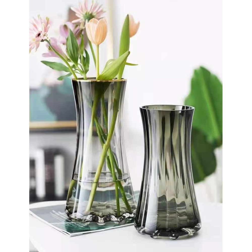 Smooth Glass Flower Vase with Golden Lining Gray Colour
